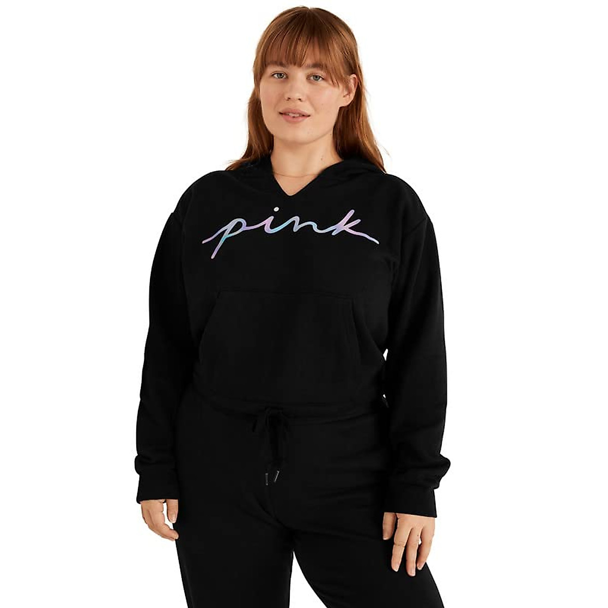 Victoria's Secret PINK Fleece Cropped Cinched Campus Hoodie, Pure Black Blur Script Logo, Medium