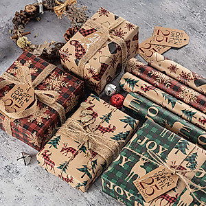 RUSPEPA Christmas Wrapping Paper, Kraft Paper - Red and Green Plaids Style Designs - 4 Rolls - 30 inches x 10 feet per Roll
