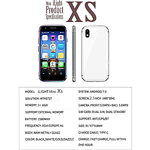 iLight Mini Smartphone XS, World's Smallest 10+ Android Phone 4G LTE, Super Small 2.5" Touch Screen. Global Unlocked - Great for Kids. Pocket Phone Gift. 1GB RAM / 8GB ROM. Tiny iPhone 10s Look Alike