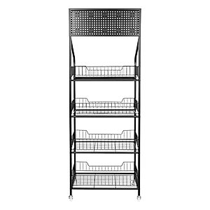 4-Tier Display Snack Rack,22.1lbs Load Metal Storage Shelf with Wheels & Hooks,10.2In Adjustable Tier Spacing Freestanding Snack Shelf Organizer for Pantry Kitchen Home Theater