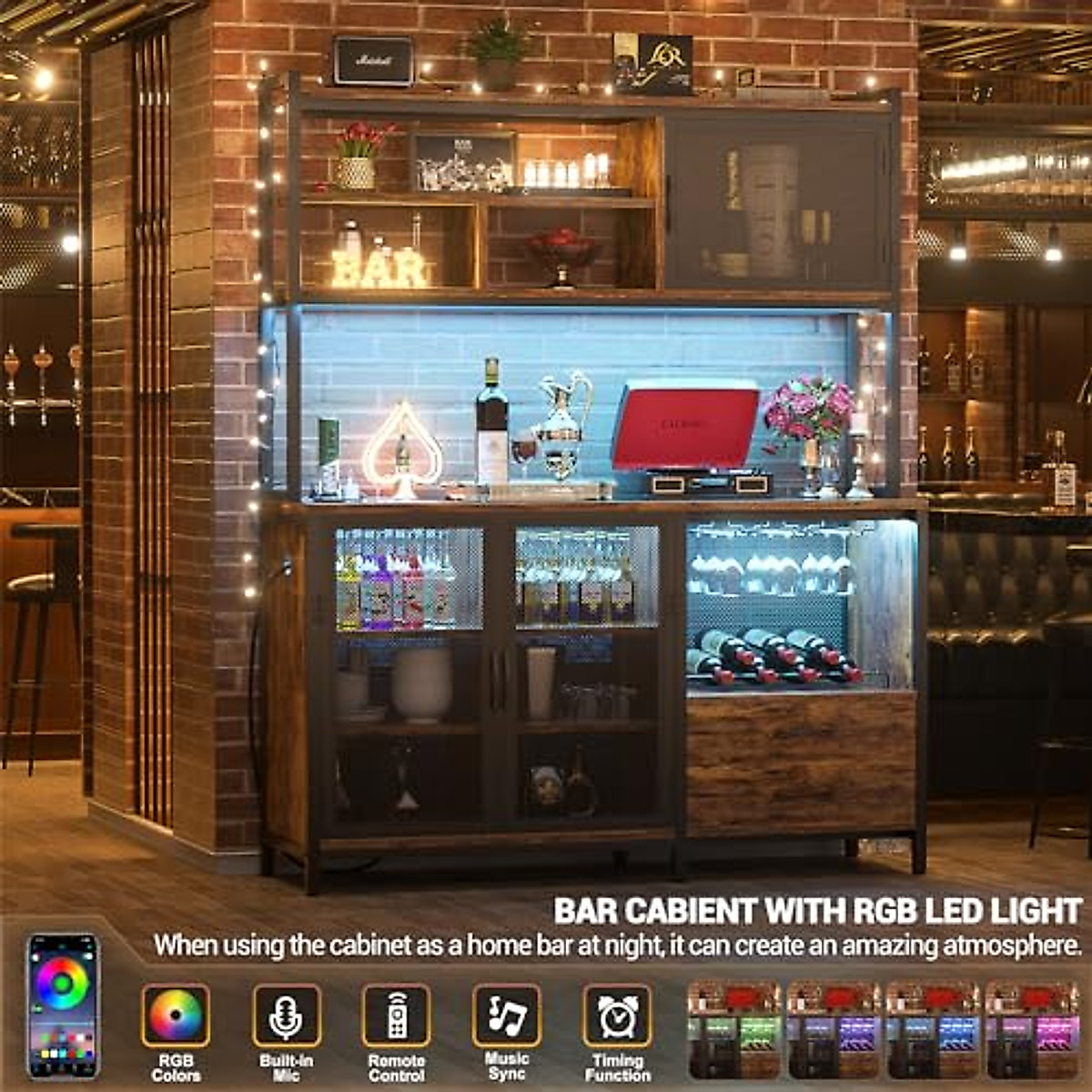 Cyclysio 7-Tier Wine Cabinet with Large Storage Space, Tall Home Bar Cabinet with Power Station & LED Light, Farmhouse Liquor Cabinet with Storage Drawers, Hutch, Wine Rack, Farmhouse