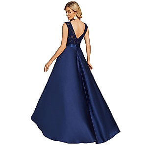 Ever-Pretty Women's Sleeveless Round Neck Asymmetry Hem Lace Satin Summer Wedding Guest Dresses Navy Blue US4