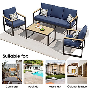 Temminkii Outdoor 4 Pieces Furniture Sets Modern Aluminum Patio Conversation Sets Sectional Sofa w Blue Cushion Faux Wood Grain Frame Coffee Table for Garden Courtyard Poolside