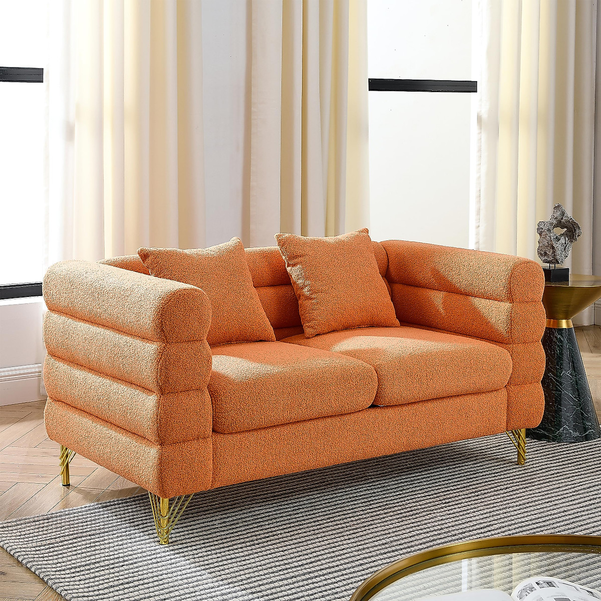 Deolme 60" W Teddy Orange Loveseat Sofa Couch with Firm Strcuture & Thicken Sponge Comfy Love Seat Couches Sleeper for Living Room Bedroom Small Spaces Mid-Century Modern Furniture