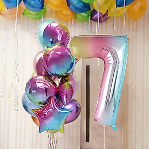 Rainbow Gradient Number 7 Balloon, 40 Inch Big Large Foil Number Balloons, Giant Mylar Number 7 Balloons for 7 Year Old Birthday Party Decorations Supplies Anniversary Celebration