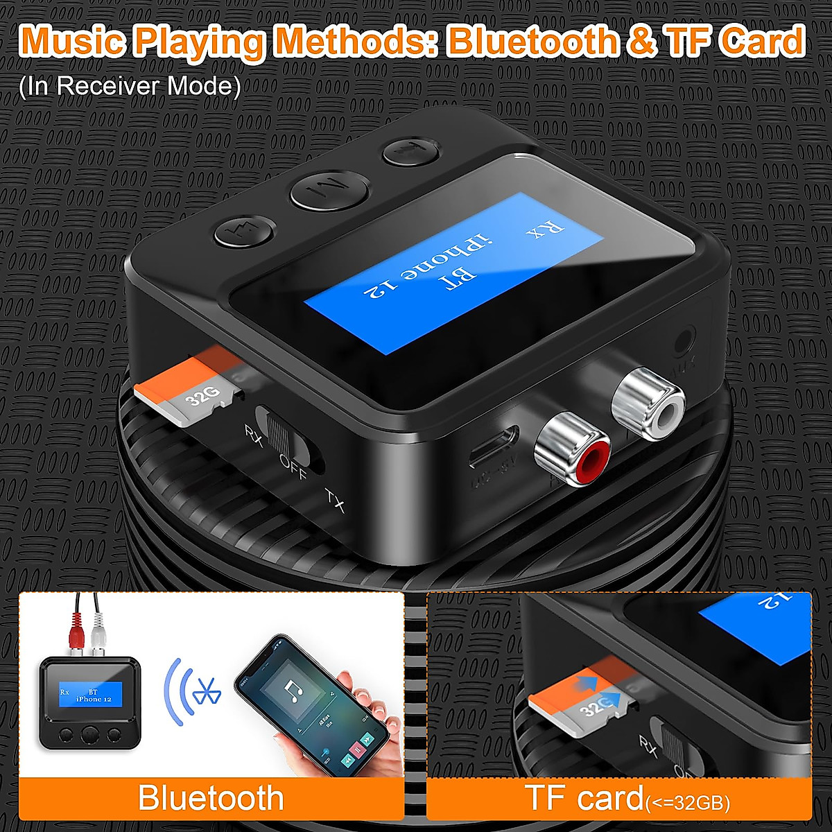 Bluetooth Transmitter Receiver for TV, Bluetooth Audio Adapter for Home Stereo with RCA 3.5mm AUX & Display, Bluetooth Transmitter for Headphones/Speakers/Airplane/Home Theater/PC/Car, TF Card Output