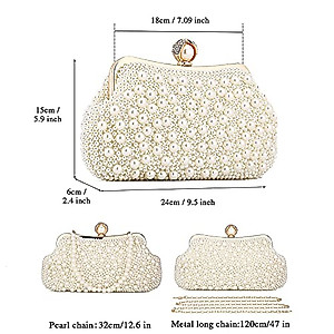 UBORSE Women Pearl Clutch Bead Rhinestone Evening Clutch Bag with removable Pearl Chain Ivory White