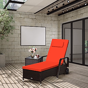 Tangkula Patio Wicker Chaise Lounge Chair with Wheels, Adjustable Rattan Reclining Chair with Armrests & Cushions, Red & Off White Cover, Outdoor Recliner Chair for Pool Deck Beach Backyard (1, Brown)