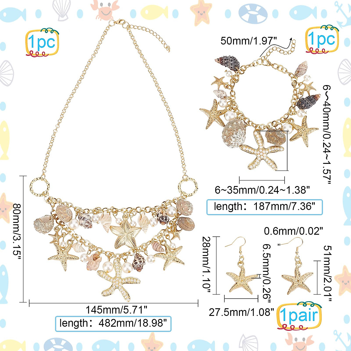 PH PandaHall 3 in 1 Mermaid Jewelry Set Sea Shell Starfish Jewelry Pearl Bib Statement Chunky Mermaid Tail Necklace Bracelets Shell Earrings Summer Mermaid Costume Jewelry for Women Valentine (Gold)