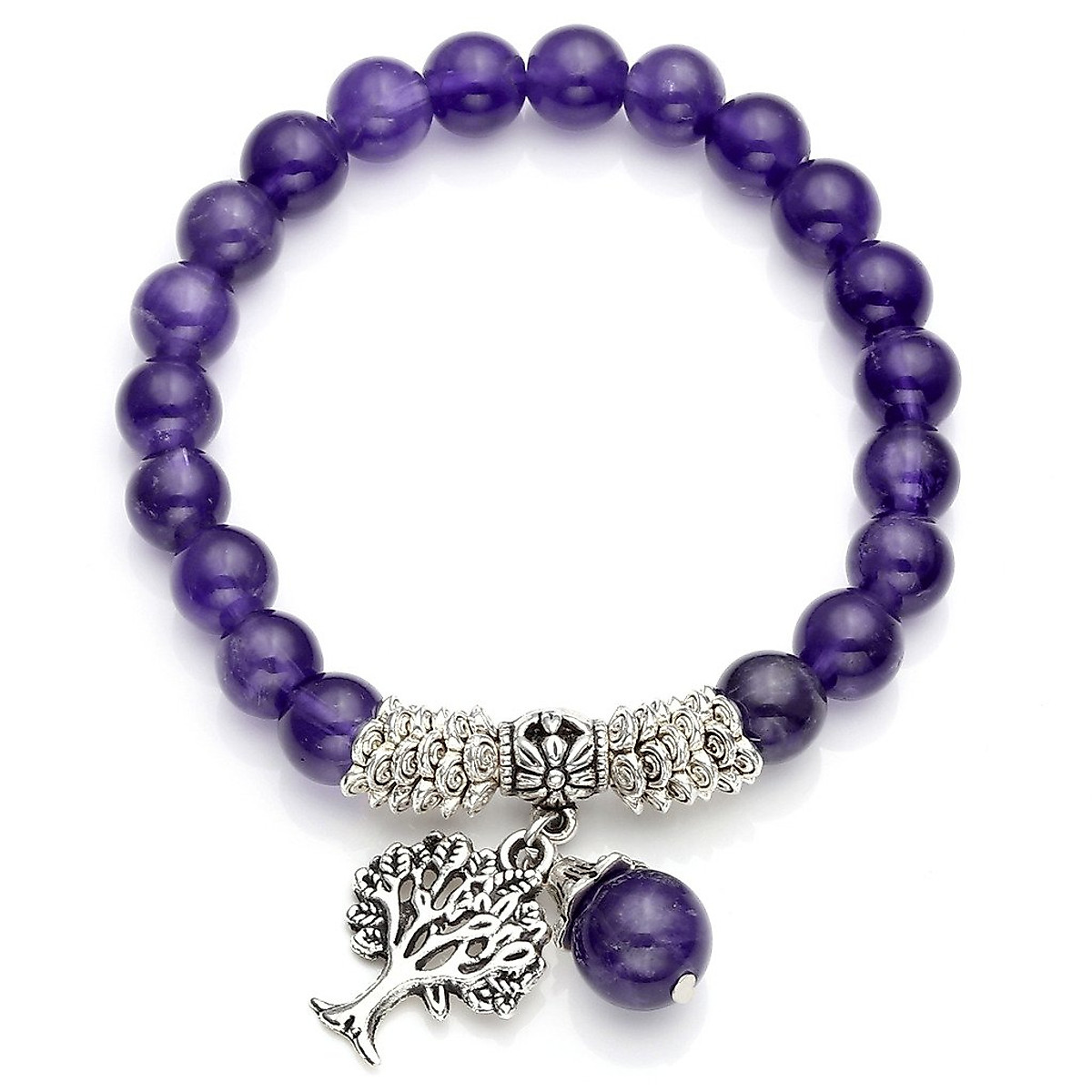 Jovivi 8MM Purple Amethyst Natural Gemstone Healing Crystals Point Life Tree Lucky Charm Stretch Bracelet