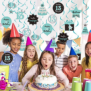 Happy 13th Birthday Party Hanging Swirls Streams Ceiling Decorations, Celebration 13 Foil Hanging Swirls with Cutouts for 13 Years Teal Silver Black Blue Birthday Party Decorations Supplies