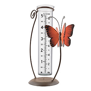 La Crosse 704-13077-INT 5 inch Capacity Glass Orange Butterfly Rain Gauge, Bronze
