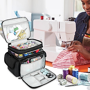 LEFOR·Z Sewing Supplies Organizer,Double-Layer Sewing Accessories Storage Bag,Protable Travel Sewing Box Sewing Basket for Sewing Tools,Black(Bag Only)