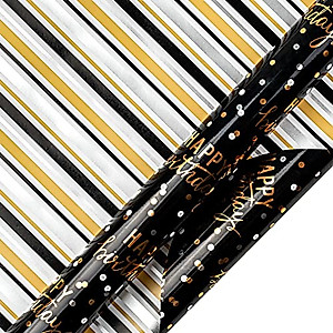 LeZakaa Reversible Birthday Wrapping Paper Roll - Happy Birthday Lettering & Stripe Design with Metallic Foil in Black- 17 inches x 32.8 Feet (46.45 sq.ft.)