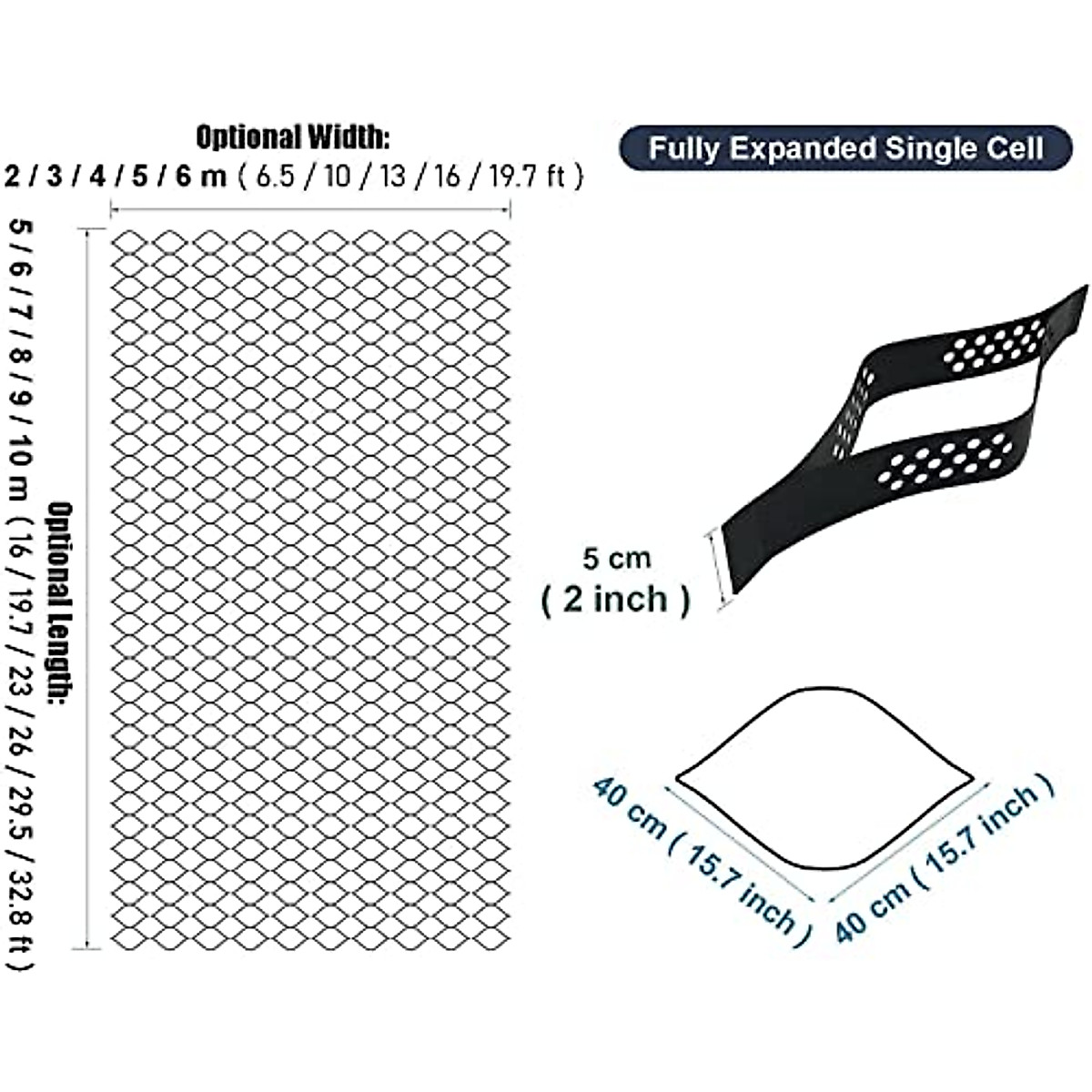 RAN Garden Retaining Wall Grid Stabilizer Ground Grid Geocell Paver for Stabilizing Subgrades, Geogrid Flexible Foldable Geoweb Grid with Drain Holes 16/19.7/23/26/29.5/32.8 ft L