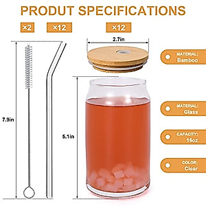 Drinking Glasses with Bamboo Lids and Glass Straw-16oz Can Shaped Glass Cups,Beer Glasses,Iced Coffee Glasses,Ideal for Cocktail,Whiske,Soda,Bubble Tea,Juicing, Smoothies(12pcs Set+2 Cleaning Brushes