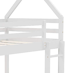 MERITLINE House Shaped Bunk Bed Twin Over Twin Size Wood Bunk Bed Frame Low Bunk Beds for Kids and Toddlers, Twin Size,White