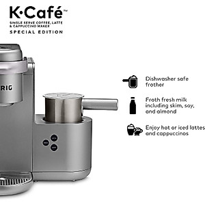 Keurig K-Cafe Special Edition Coffee Maker with Latte and Cappuccino Functionality (Nickel) Bundle with Donut Shop and Italian Medium Roast Coffee Pods and Stainless Steel Tumbler (4 Items)