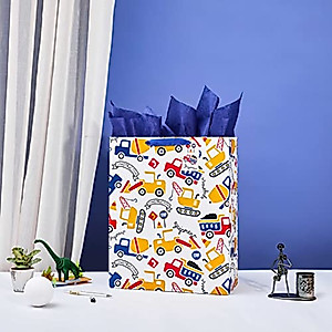 SUNCOLOR 16" Extra Large Gift Bag with Tissue Paper for Boys (Vehicle)