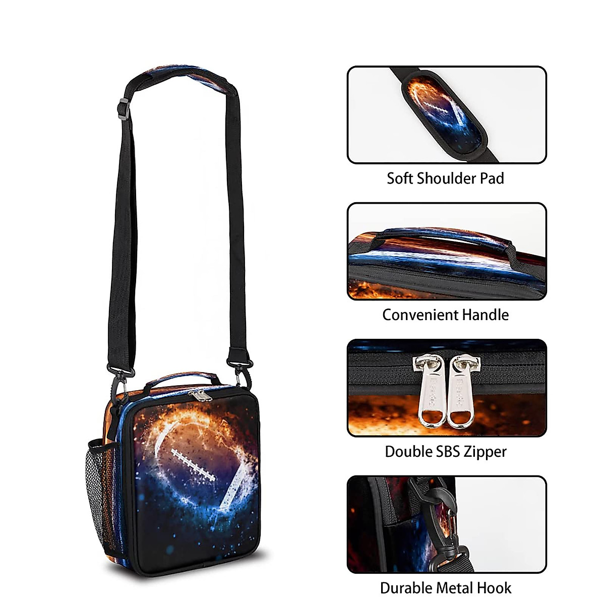 Fire Football Insulated Lunch Bag Durable Lunch Tote Bag for Boys Girls Adults Men Women Work School Picnic Beach Park, Cooler Thermal Meal Lunch Box Bag with Shoulder Strap
