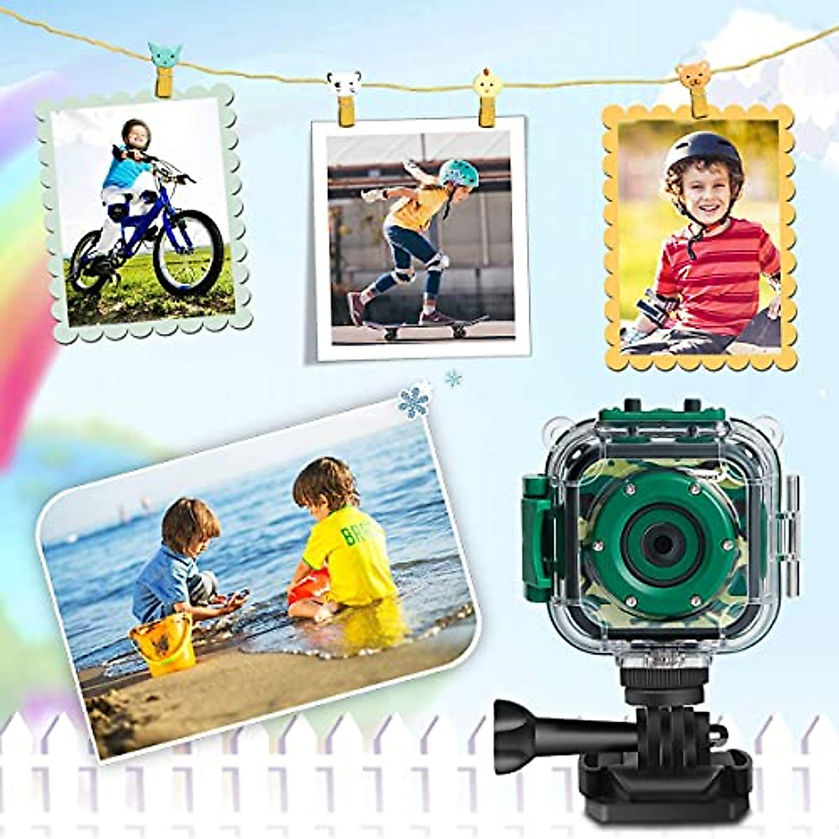 PROGRACE Kids Waterproof Camera Toys - Underwater Video Camera for Kids 1080P HD Camcorder Toy Gift Boys 3 4 5 6 7 8 9 10 11 12 Year Old Vlogging YouTube Children Digital Camera Build-in Games