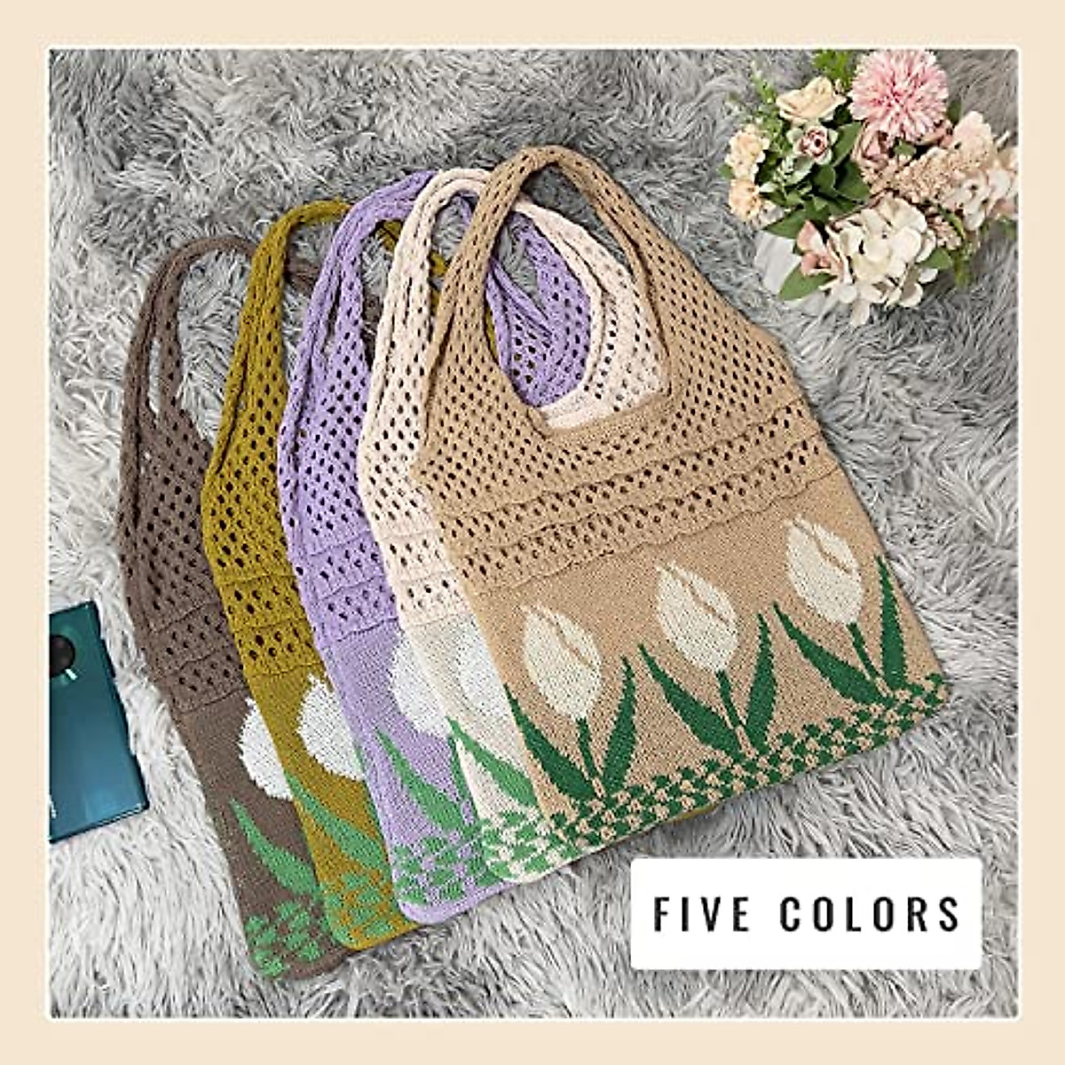 FUKZTE Women's Shoulder Handbags Trendy Flower Knitted Shoulder Bags Mesh Hollow Cute Tote Bag,05 Style