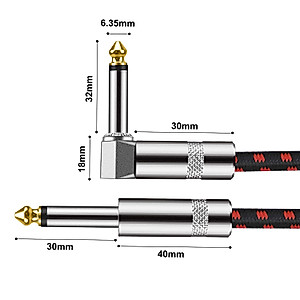 Guitar Instrument Cable 10 Foot 1/4 inch Straight to Right Angle Noise Reduction Audio Cord 6.35 mm for Electric Guitar Bass Keyboard Drum Speaker Microphone 2 Pack