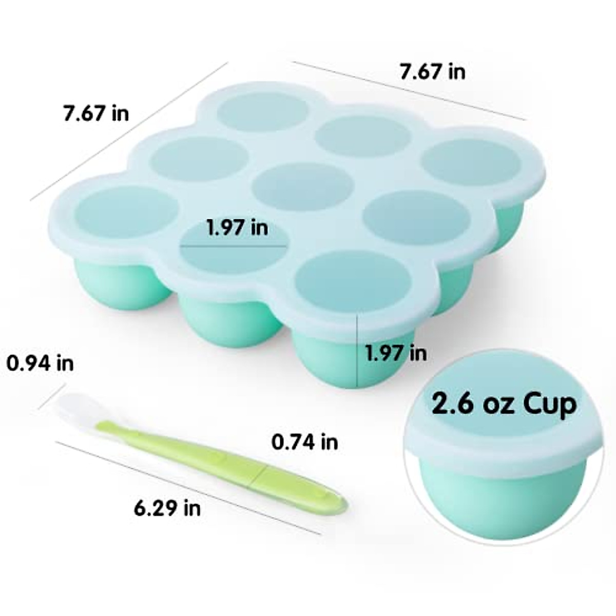 Wellrise 3 Pack Baby Food Storage Containers with Lid and Spoon Reusable Silicone Baby Food Freezer Tray 9 Cup 2.6 oz Stackable Mold Baby Feeding Set for Food Vegetable Fruit Puree and Breastmilk