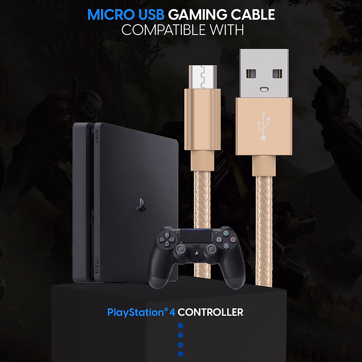 TALK WORKS PlayStation 4 Charging Cable - 6' Nylon Braided Micro USB Charger Cord, Heavy Duty Fast Charge for PS4 (Gold, Pack of 2) (14092)