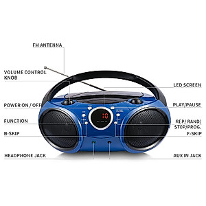 SINGING WOOD 030B Portable CD Player Boombox with Bluetooth for Home AM FM Stereo Radio, Aux Line in, Headphone Jack, Supported AC or Battery Powered (Starlight Blue)