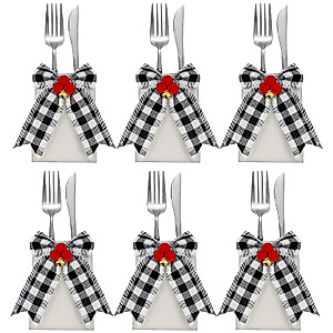 12 Pieces Christmas Silverware Holder Burlap Utensil Holder Xmas Tableware Holder Buffalo Plaid Cutlery Fork Bag for Christmas Party Dinner Tableware Decoration (Black and White)