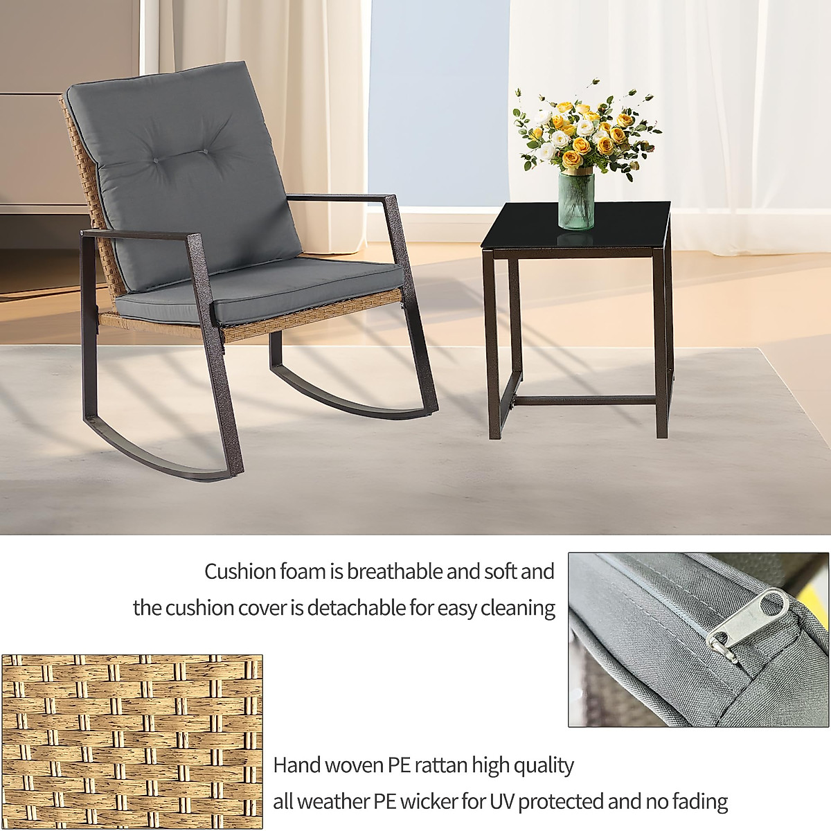 VSMKSJ 3 Pieces Patio Rocking Chairs Set of 2, Outdoor Wicker Patio Sets Conversation Coffee Table for Front Porch,Balcony,Garden,Poolside,Washable Cushion (Grey)