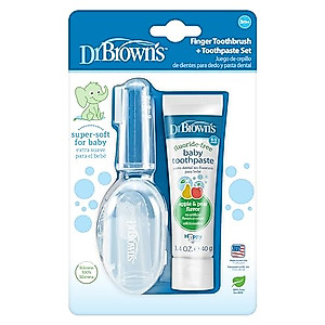 Dr. Brown's 100% Silicone Baby Finger Toothbrush and Toothpaste Set, 2-Pack Toothbrush with Storage Case, Fluoride-Free Apple Pear Toddler Toothpaste