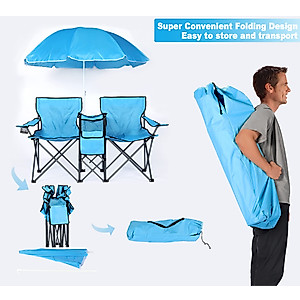 DOALBUN Double Portable Picnic Chair Folding Camping Chair W/Umbrella Table Beverage Holder Carrying Bag Cooler Fold Up Table for Patio Pool Park Outdoor Beach Camping Chair (Blue)