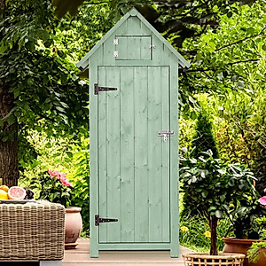 Shed Outdoor Storage Cabinet, Wood Garden Sheds with Floor, Outside Tool Outhouse Organizer with Waterproof Roof, Shelves and Lockable Door for Patio Hallway and Backyard (Green)