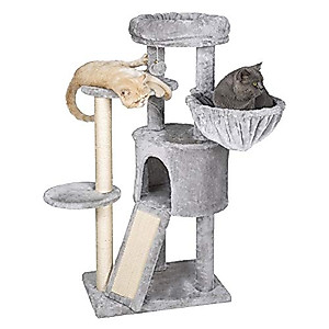 Hey-brother Cat Tree with Scratching Board, Cat Tower with Padded Plush Perch and Cozy Basket, Multi-Platform for Jump, Light Gray MPJ005W