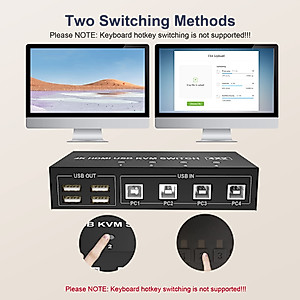 4 Port HDMI KVM Switch Dual Monitor - 4K@60Hz Extended Display 2 Monitors 4 Computers KVM Switch HDMI 4 in 2 Out - Monitor Keyboard Mouse Switcher with 4 USB Cables USB Power Cord Controller