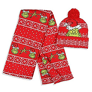 Dr. Seuss The Grinch Who Stole Christmas Knit Scarf & Pom Beanie Set