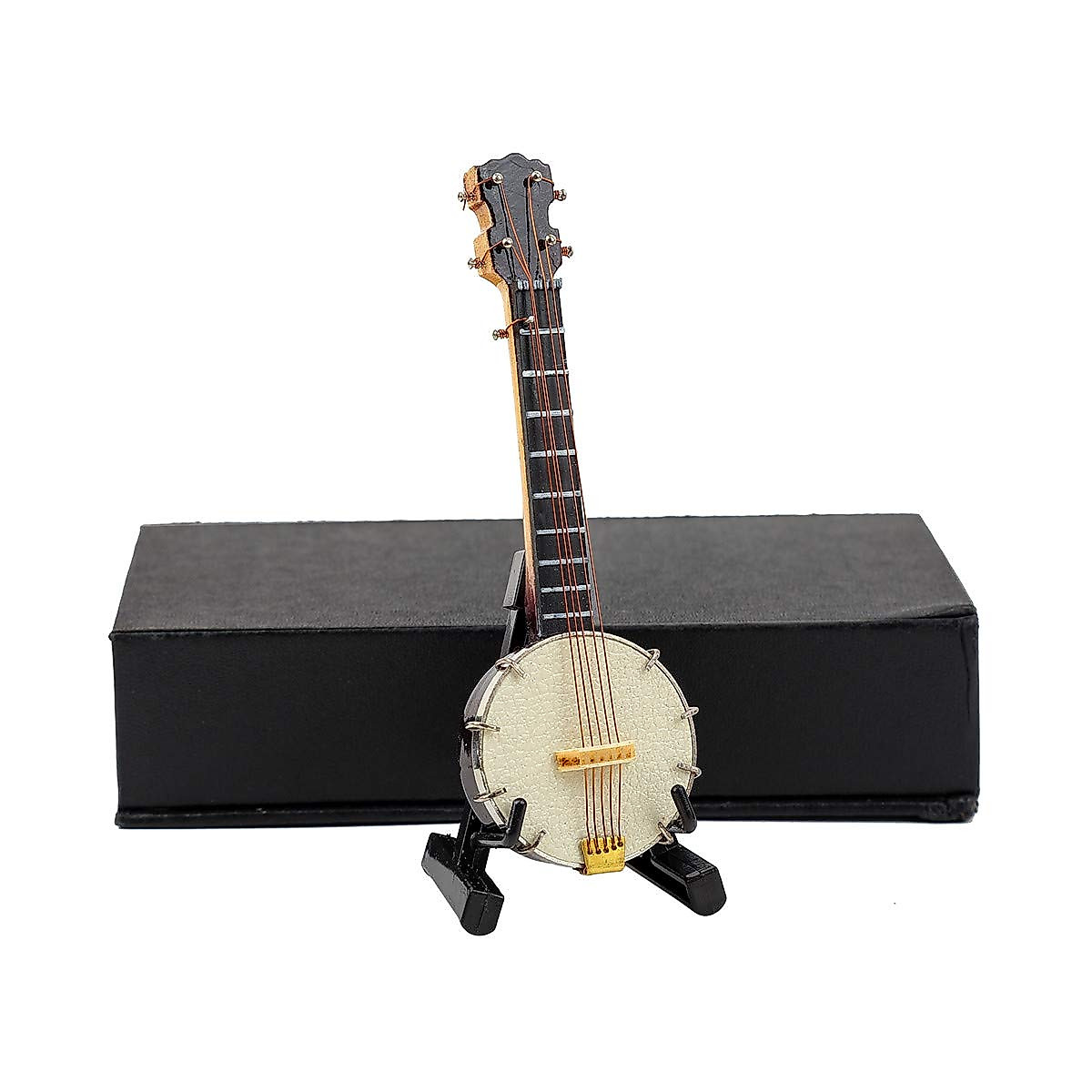 Dselvgvu Wooden Miniature Banjo with Stand and Case Mini Musical Instrument Banjo Replica Collectible Figurines Dollhouse Accessories Model Home Decoration Display Ornament (3.94"x1.31"x0.55")