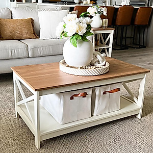 PHI VILLA Coffee Table - Modern Coffee Tables with Storage for Living Room Shelf 2 Tiers, Farmhouse Coffee Table Set