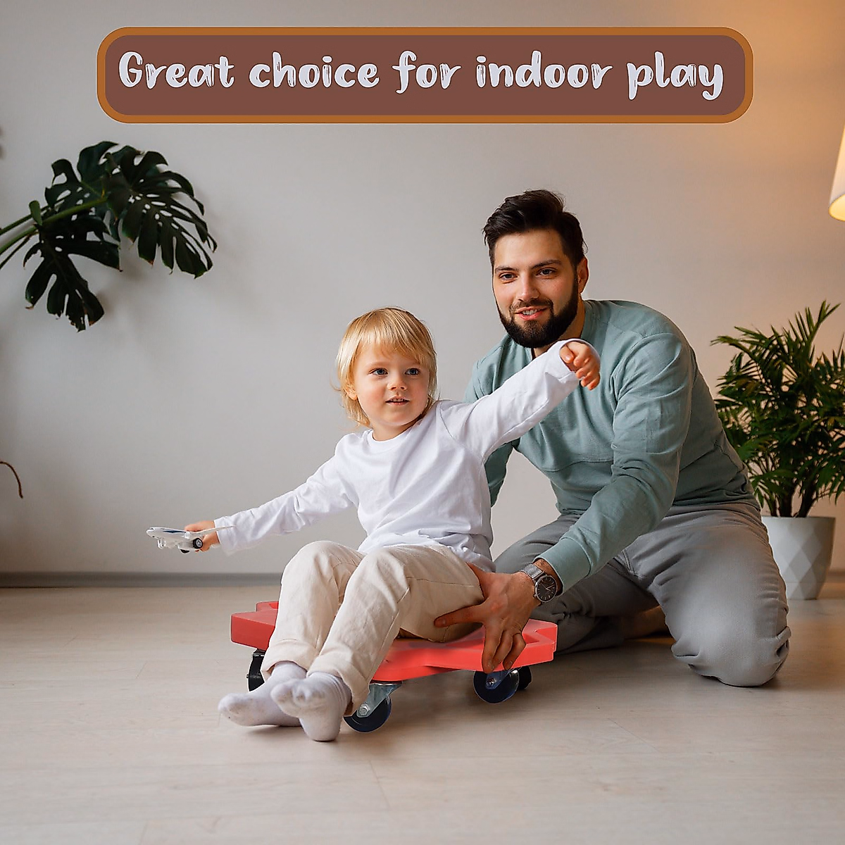 romrex 2 Plastic Scooter Boards with Handles for Kids Sitting and Sports Training, with 1 Ring, 2 Ropes and 4 Beanbags, Indoor and Outdoor Play