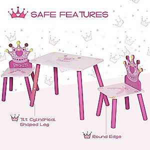 Qaba 3-Piece Kids Wooden Table and Chair Set with Crown Pattern Gift for Girls Toddlers Arts Reading Writing Age 2-4 Years Pink