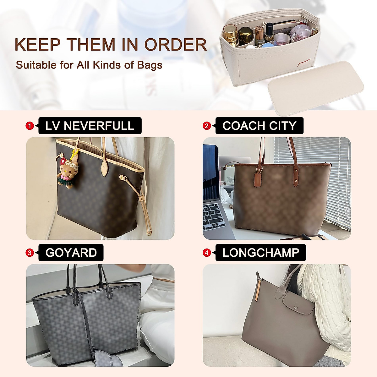 Doxo Purse Organizer Insert for Handbags & Base Shaper 2pc Set,Felt Le Pliage Large Tote,Bag Organizer with Zipper 3 Sizes,Compatible with Speedy Neverfull MM and More(Beige-L-Combination)