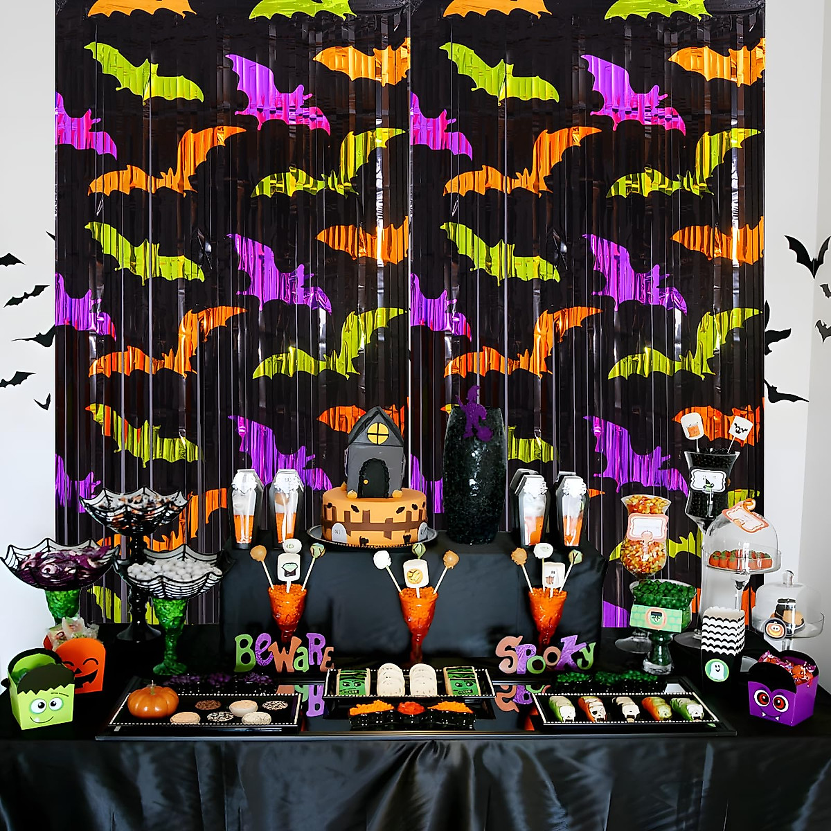 Mega-L Halloween Party Decorations 2 Pack Green Orange Purple Bat Pattern Photo Booth Props, 3.3 X 6.6 ft Halloween Foil Fringe Curtains, Halloween Photo Backdrop Streamers Halloween Party Supplies