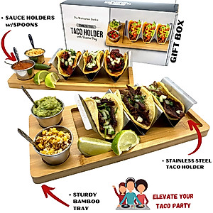 Stainless Steel Taco Stand Holder With Bamboo Tray - Set of 2 - Taco Tuesday With Four Sauce Holders and Four Spoons - Holds Up to 4-6 tacos - Stainless Steel Racks With Handles Oven & Grill Safe