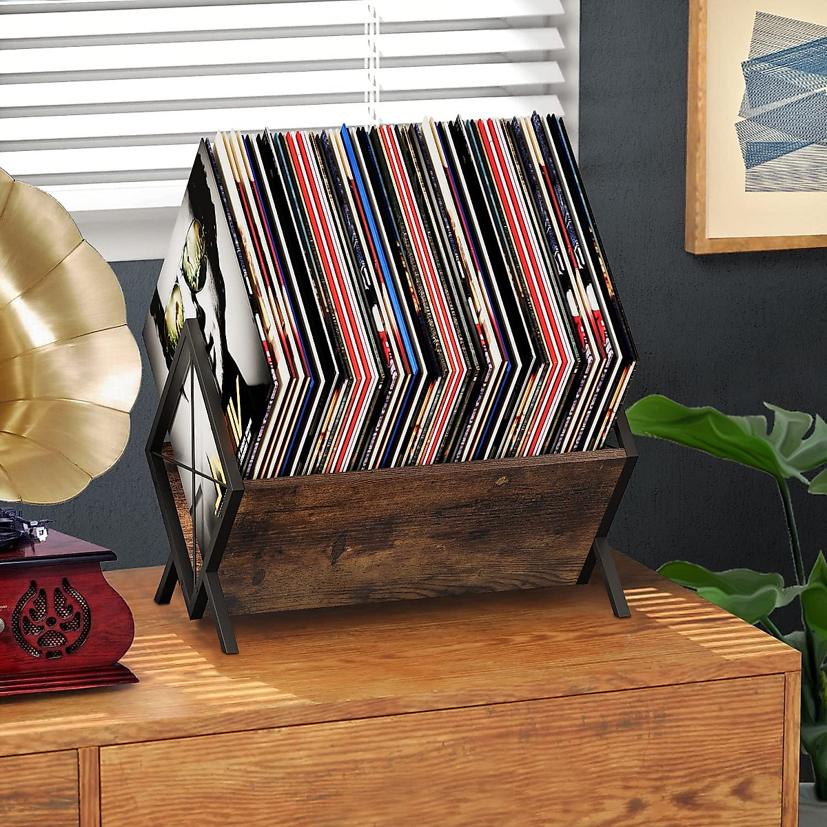 YINMIT Vinyl Record Holder, 80-100 LP Vinyl Record Storage Rack, Quick Assembly Vinyl Record Display, Retro Style Organizer for Magazine, Book, Files, Albums