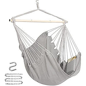 Y- STOP Hammock Chair Hanging Rope Swing, Max 500 Lbs, Hanging Chair with Pocket, Removable Steel Spreader Bar with Anti-Slip Rings, Quality Cotton Weave for Comfort, Durability, Light Grey