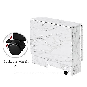 VANSPACE Folding Dining Table Drop Leaf Table for Small Spaces with Storage Racks Multifunction Space Saving Table Extension Dinner Table for Kitchen Bedroom Dining Room White Marble