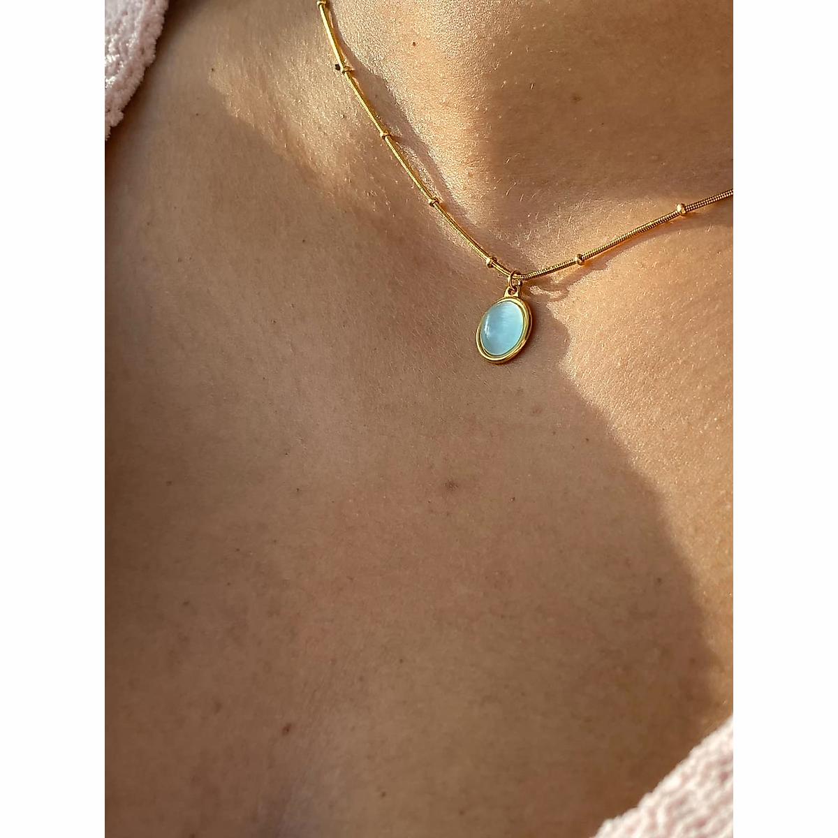 Moonffay Green Created Opal Stone Pendant Gold Necklace for Women,Charm Plated 18k Gold Stainless Steel Snake Chain Non Tarnish Choker Necklaces Woman Jewelry