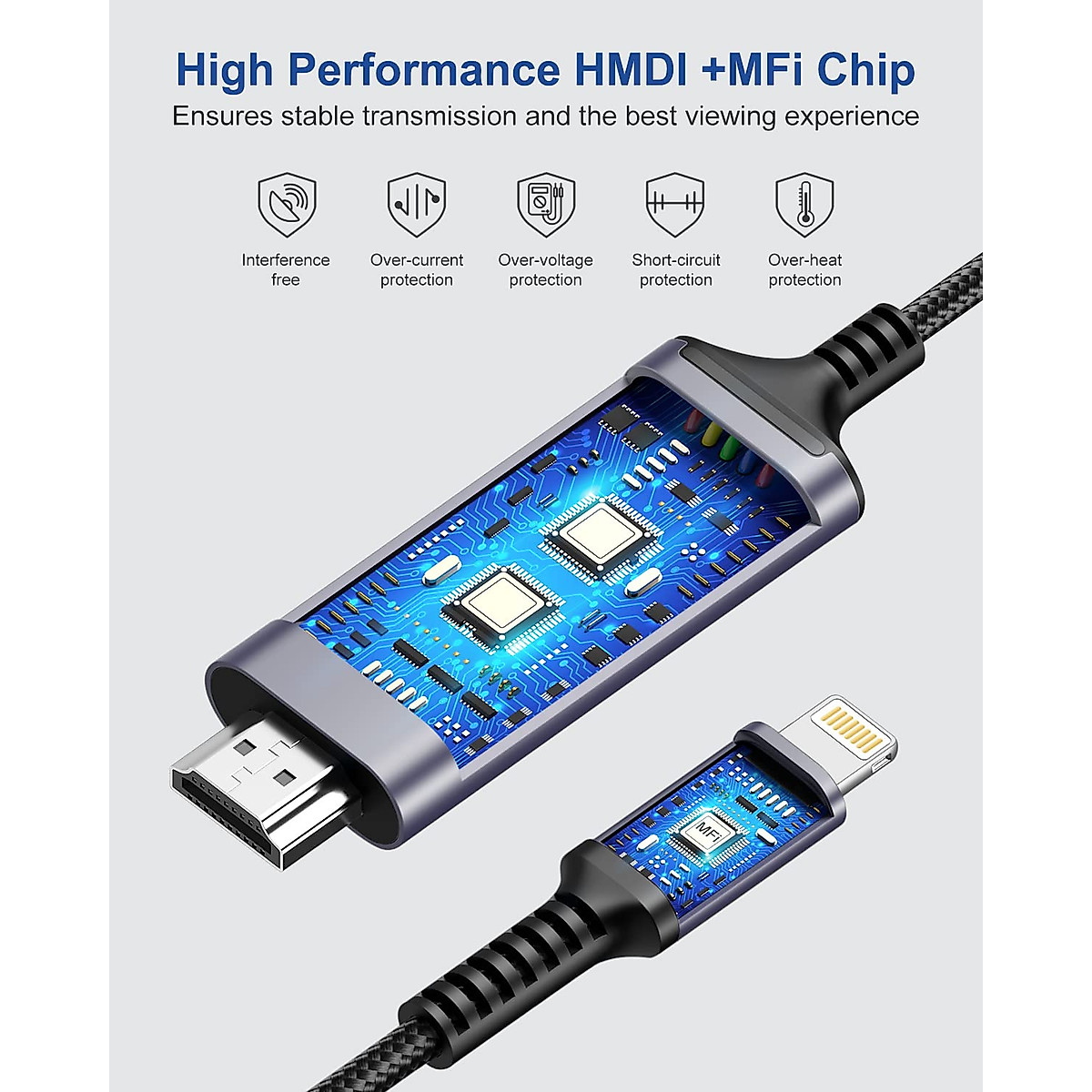 Lightning to HDMI Cable Adapter for iPhone, [Apple MFi Certified] iPhone to hdmi Adapter Cable to TV with iPhone/iPad/iPod 1080P Digital AV Sync Screen Connector on HDTV/Monitor/Projector-6.6 Ft/2M